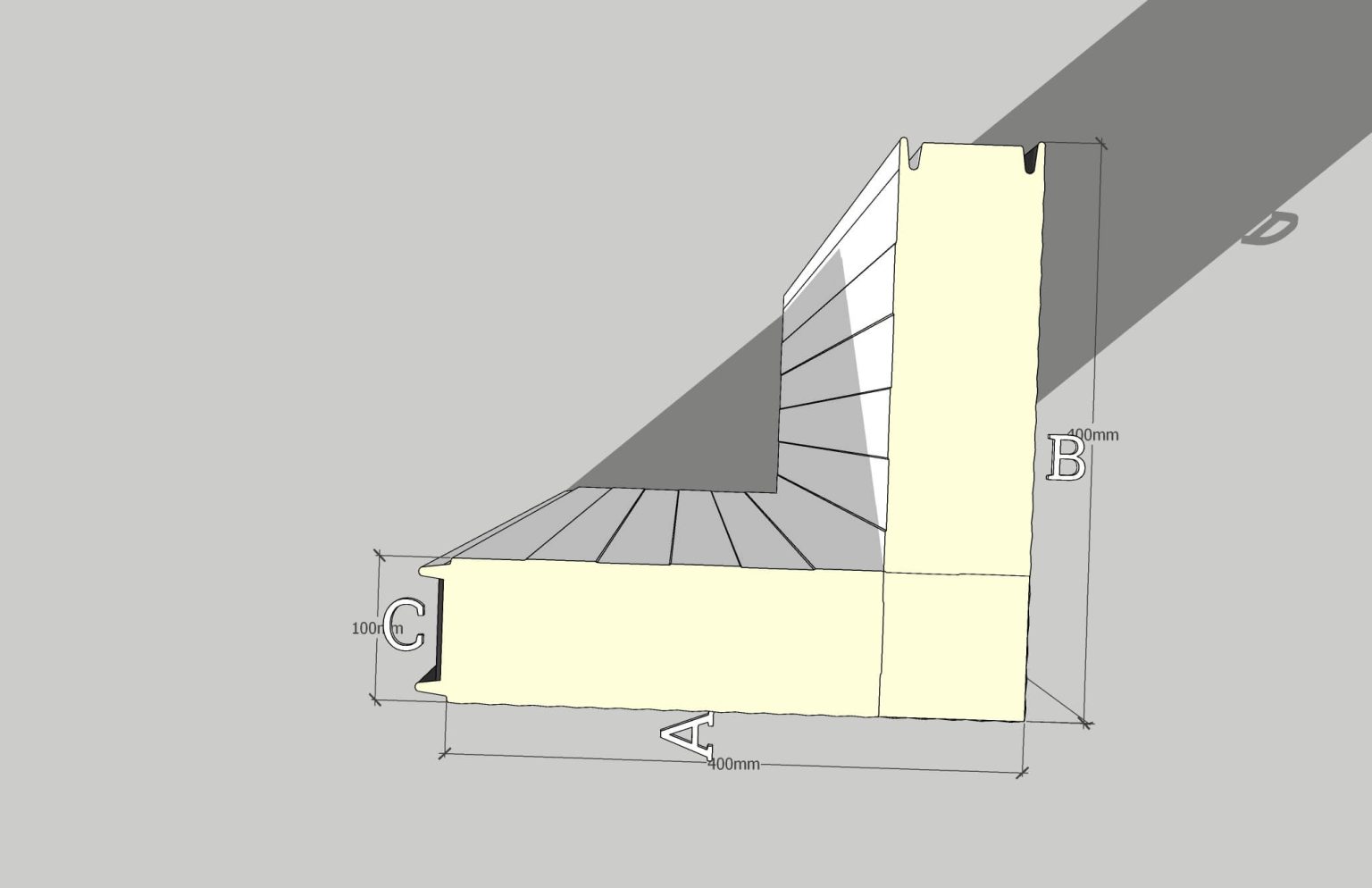 Corner sandwich panel with visible joint (PIR) - horizontal